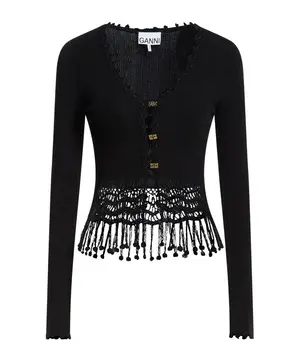 GANNI Ribbed Knit Button-down Cardigan With Lace And Tassel Trim