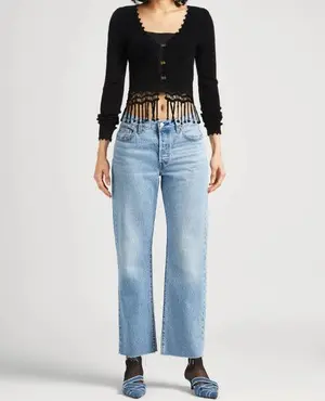 GANNI Ribbed Knit Button-down Cardigan With Lace And Tassel Trim