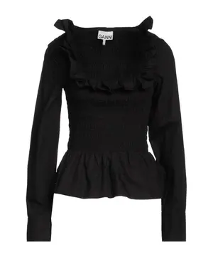 GANNI Square Neck Ruffled Long Sleeve Top - Black