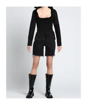 GANNI Square Neck Ruffled Long Sleeve Top - Black