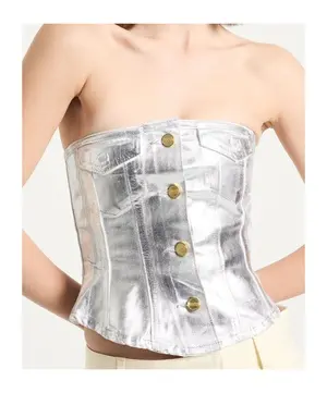 GANNI Metallic Denim Strapless Crop Top