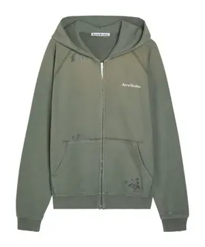 Acne Studios Logo Hooded Zip-through Cotton Sweatshirt - Gray
