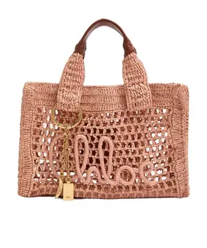 Chloé Raffia Tote Bag With Leather Handles And Charm - Nude