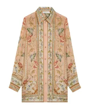 Zimmermann Printed Silk Shirt With Buttoned Cuffs And Curved Hem - Nude