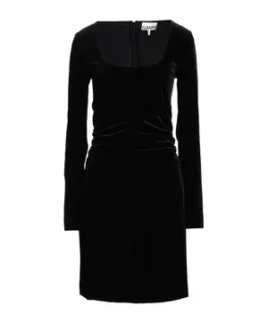 GANNI Velvet Long Sleeve Square Neck Dress - Black
