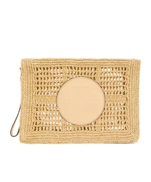 Tory Burch Woven Raffia Crochet Clutch With Leather Wristlet - Nude