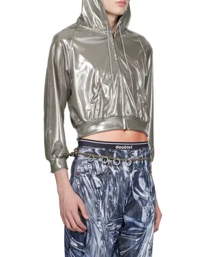 DOUBLET Hooded Metallic Zip-up Jacket With Chain Belt Accents