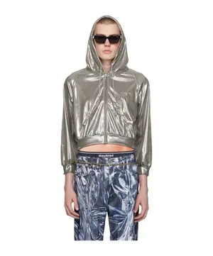 DOUBLET Hooded Metallic Zip-up Jacket With Chain Belt Accents