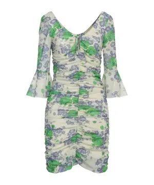 GANNI Floral Pattern Dress With Three-quarter Sleeves And Pleated Design