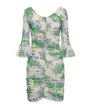 GANNI Floral Pattern Dress With Three-quarter Sleeves And Pleated Design