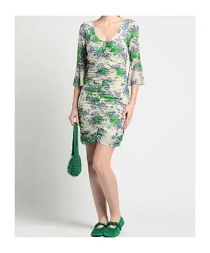 GANNI Floral Pattern Dress With Three-quarter Sleeves And Pleated Design
