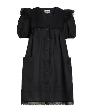 GANNI Linen V-neck Puff Sleeve Dress With Lace Trim - Black