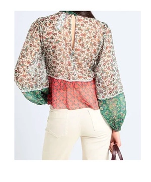 MAXCO. Max&co. Printed Faux Turtleneck Top With Lace Trim And Cinched Waist