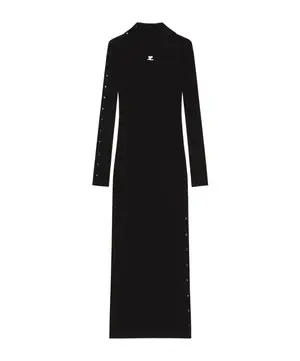 COURREGES Courrèges Ribbed Knit Mock Neck Maxi Dress With Side Slit And Buttoned Sleeves - Black
