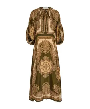 Zimmermann Zimmermann Silk Printed Maxi Dress With Tie Neck Brown