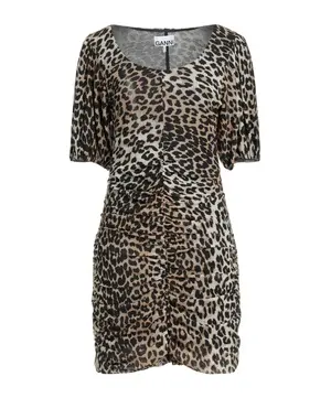 GANNI Leopard Print Short Sleeve Dress - Black
