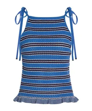 GANNI Square Neck Cotton Tank Top With Tie Straps And Flared Hem - Blue
