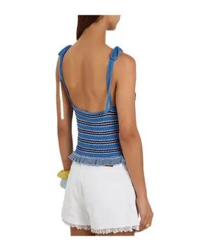 GANNI Square Neck Cotton Tank Top With Tie Straps And Flared Hem - Blue