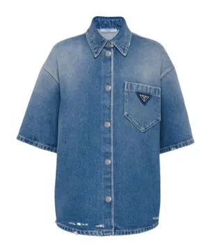 Prada Denim Short Sleeve Shirt With Enameled Logo
