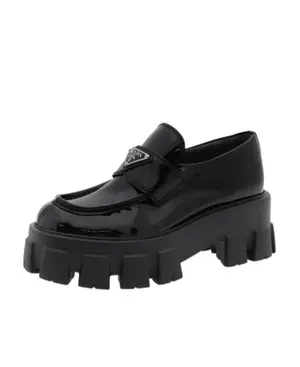 Prada Patent Leather Slip-on Loafers With Triangular Logo And Thick Sole
