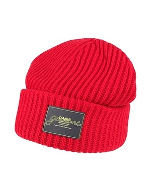 GANNI Ribbed Knit Beanie With Appliqu - Red