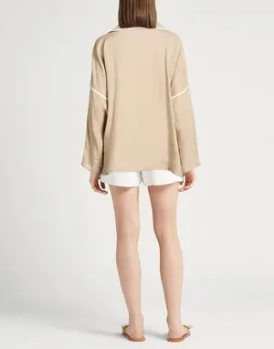Tory Burch Long Sleeve Linen V-neck Top With Piping - Nude