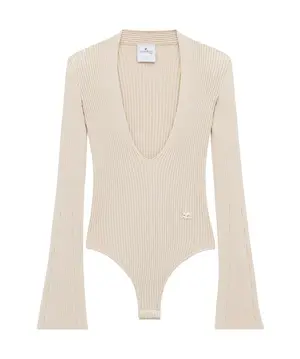 COURREGES Ribbed-knit Bodysuit With Embroidered Logo - Nude