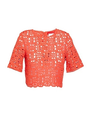 MAXCO. Solid Color Lace Short-sleeve Crop Top - Orange