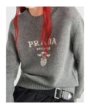 Prada Cashmere And Wool Crew-neck Sweater With Logo - Grey