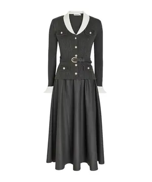 SELF-PORTRAIT Layered Knit And Twill Midi Dress - Black