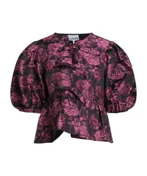 GANNI Floral Jacquard Puff Sleeve Top - Black