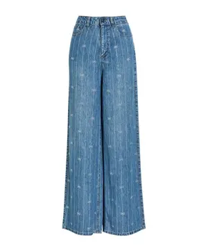 SELF-PORTRAIT Crystal-embellished Wide-leg Jeans - Blue