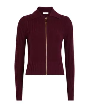 Victoria Beckham Ribbed Knit Zip-up Cardigan With Collared Neck - Brown