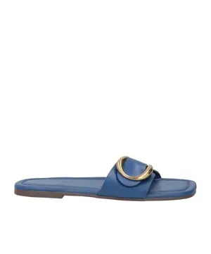 Farm Rio Flat Square Toe Leather Slides With Buckle Detail - Blue