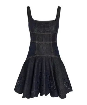 SELF-PORTRAIT Embroidered Panelled Denim Mini Dress - Black