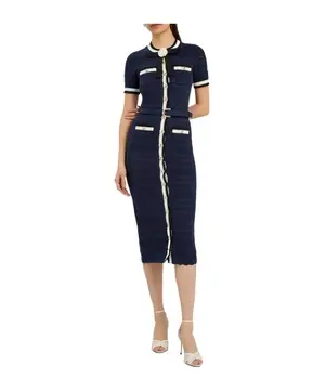SELF-PORTRAIT Pointelle-knit Midi Dress With Floral Brooch And Pearl Belt