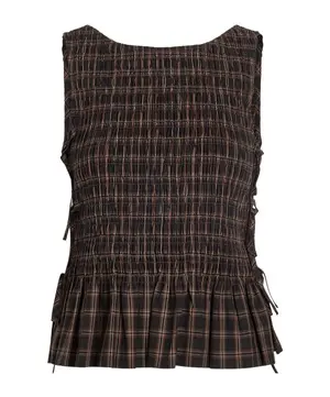 GANNI Checked Shirred Cotton-poplin Top - Black