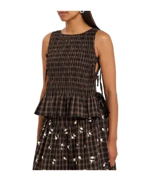 GANNI Checked Shirred Cotton-poplin Top