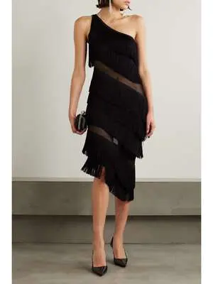 Norma Kamali One-shoulder Tasseled Asymmetrical Hem Dress