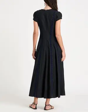 Tory Burch Linen V-neck Short Sleeve Dress With Appliqu