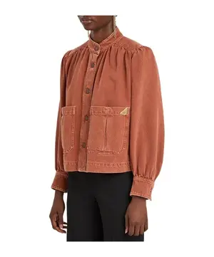 Chloé Denim Jacket With Stand Collar And Puff Sleeves - Brown
