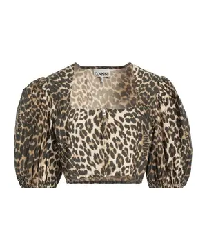 GANNI Leopard Print Square Neck Short Sleeve Top