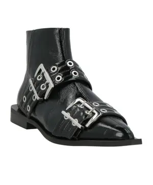 GANNI Glossy Square Toe Ankle Boots With Buckle Detail