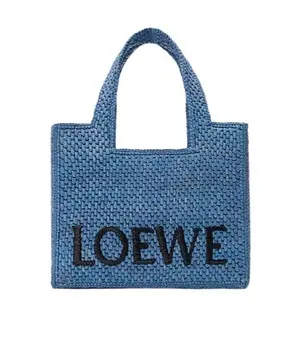 Loewe Mini Font Tote In Raffia - Light Blue