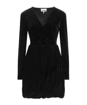 GANNI Fashion Solid Color V-neck Long Sleeve Dress - Black