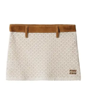Miu Miu Cotton And Suede Miniskirt - Natural