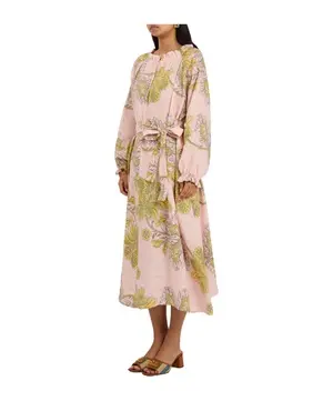 La DoubleJ Printed Belted Linen Midi Shirt Dress