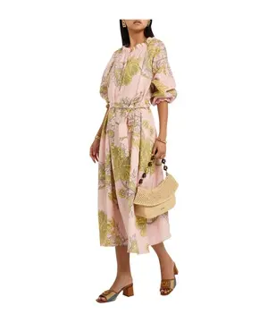 La DoubleJ Printed Belted Linen Midi Shirt Dress