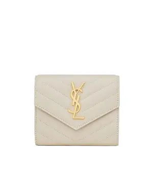 Saint Laurent Cassandre Matelassé Compact Tri Fold Wallet In Quilted Lambskin - Nude