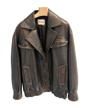 Miu Miu Nappa Leather Jacket With Logo Lapel - Black